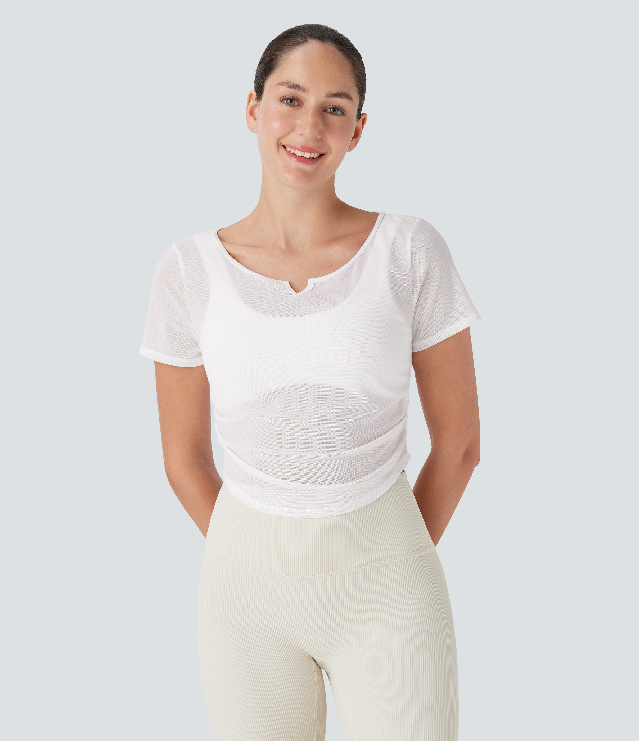 Women’s Sheer Mesh V Notch Short Sleeve Ruched Curved Hem Yoga Sports ...