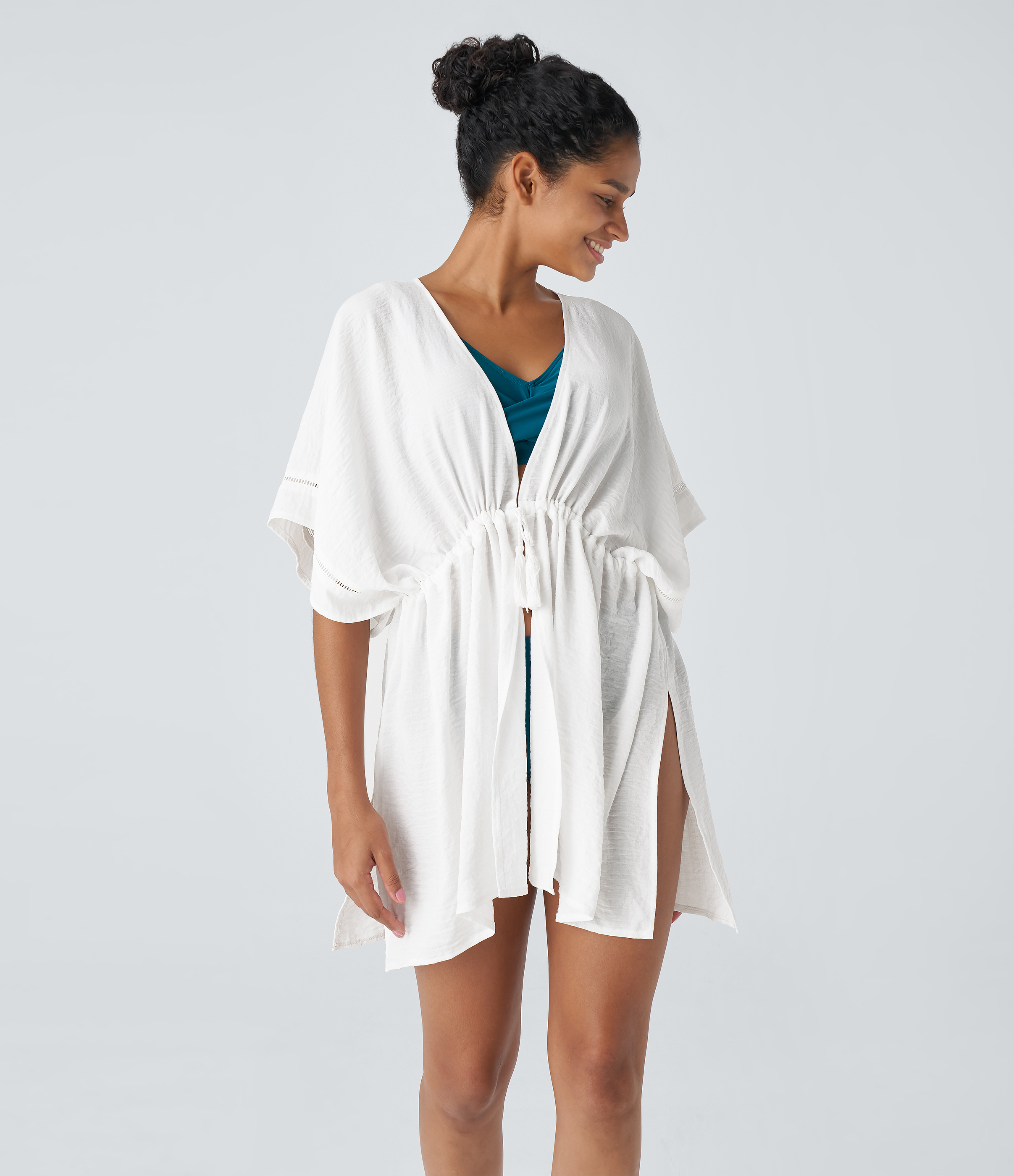 Women’s Tie Front Drawstring Fringe Split Linen-Feel Kimono - Halara
