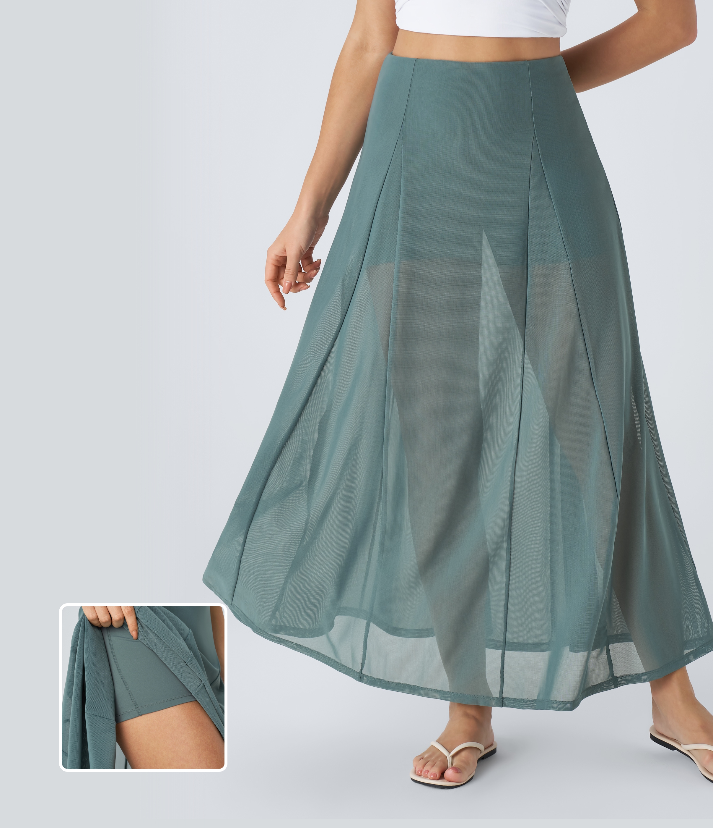 Women’s High Waisted Sheer Mesh 2-in-1 Maxi Casual Flare Skirt - Halara