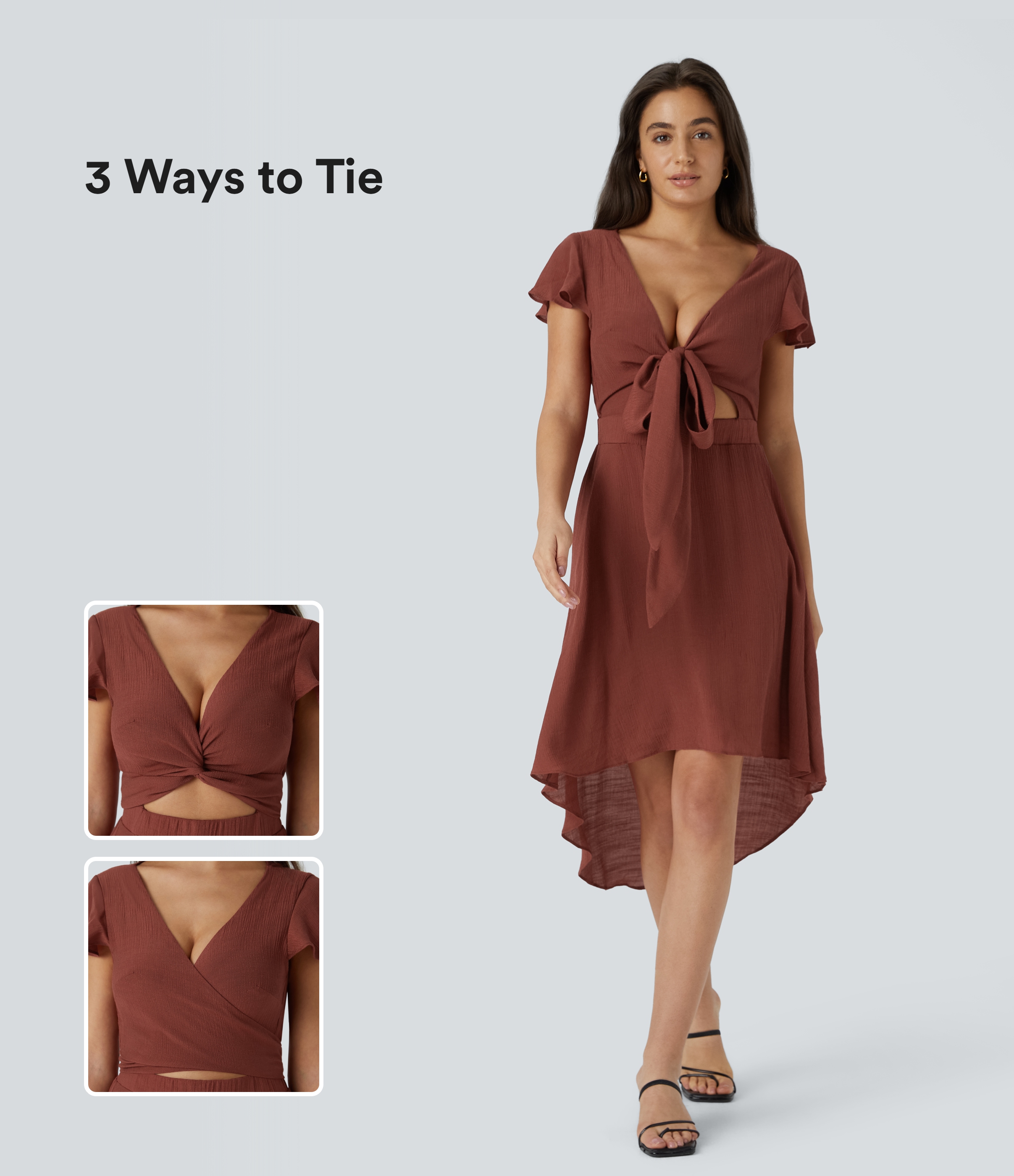 Women’s V Neck Short Sleeve Tie Front & Back Cut Out High Low Flowy ...
