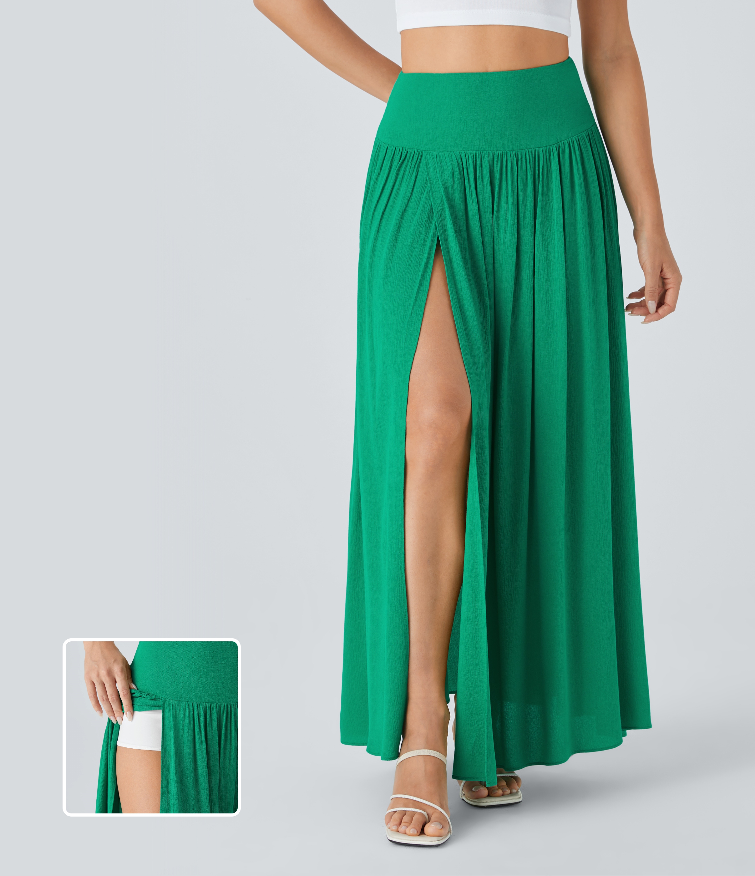 Women’s High Waisted Shirred 2-in-1 Flowy Maxi Linen-Feel Casual Skirt ...