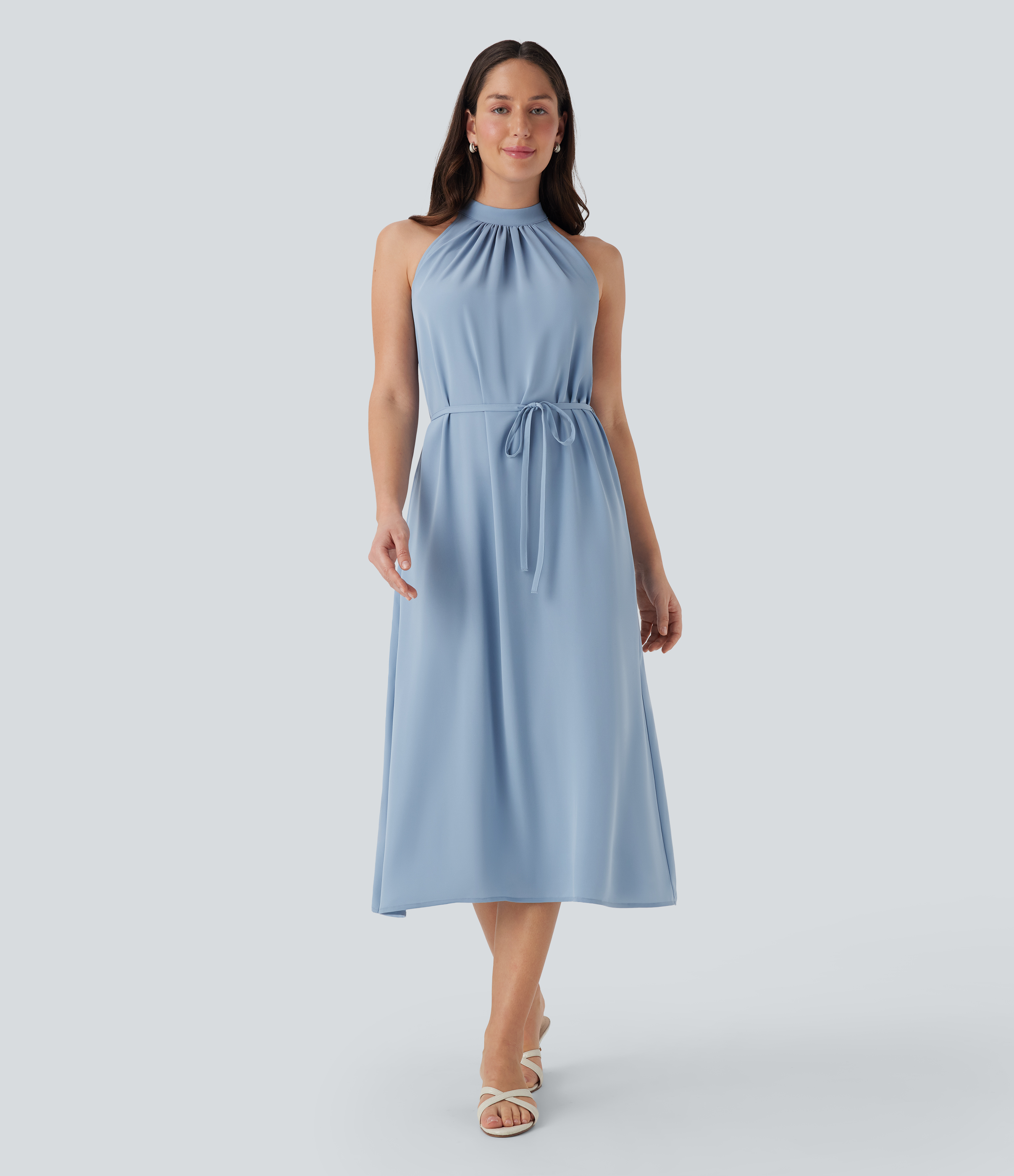 Women’s Halter Keyhole Back Belted Midi Casual Dress with Side Pockets ...