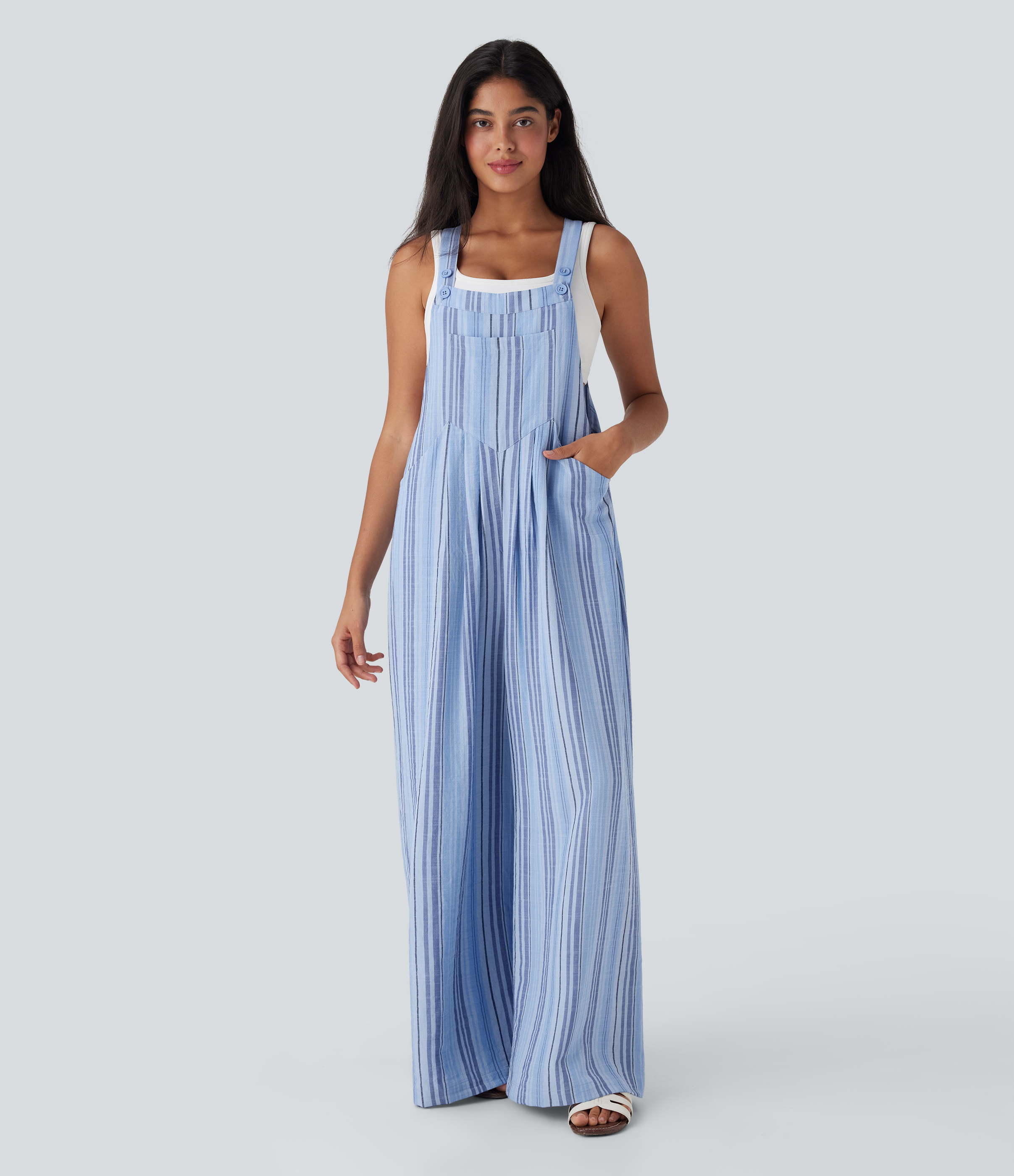 Overol ancho casual a rayas holgado de lino con bolsillos, botones y ...