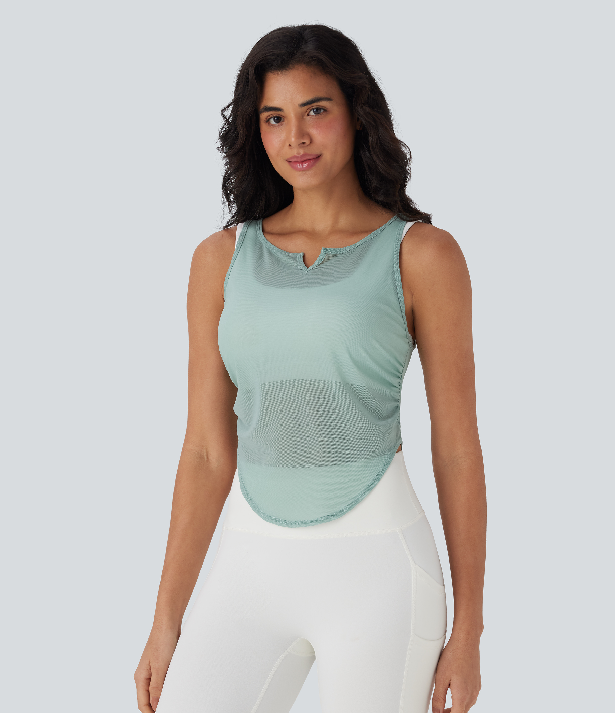 Women’s Sheer Mesh V Notch Ruched Curved Hem Yoga Tank Top - Halara