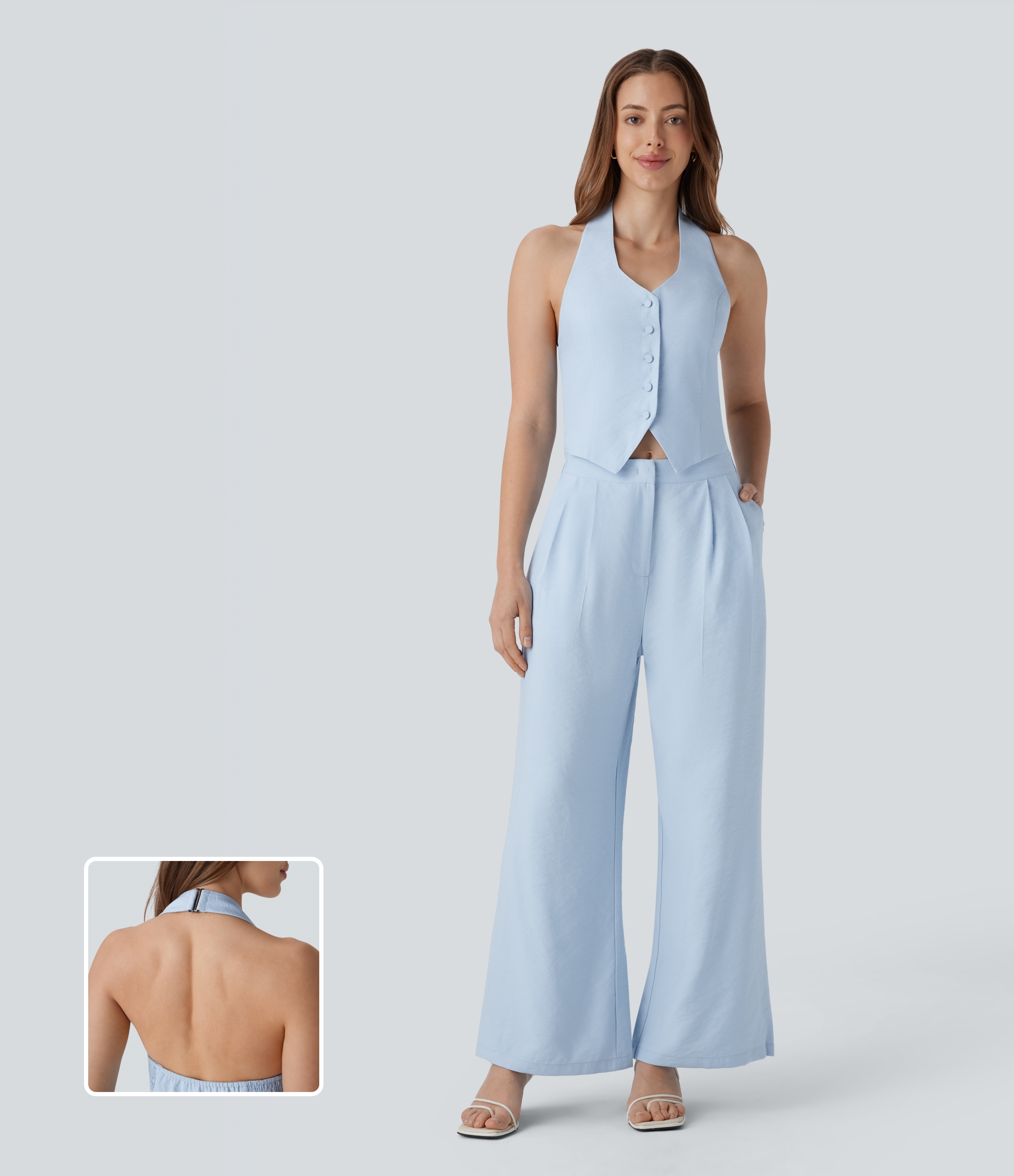 Women’s Halter Shirred Wide Leg Work Jumpsuit with Pockets - Halara