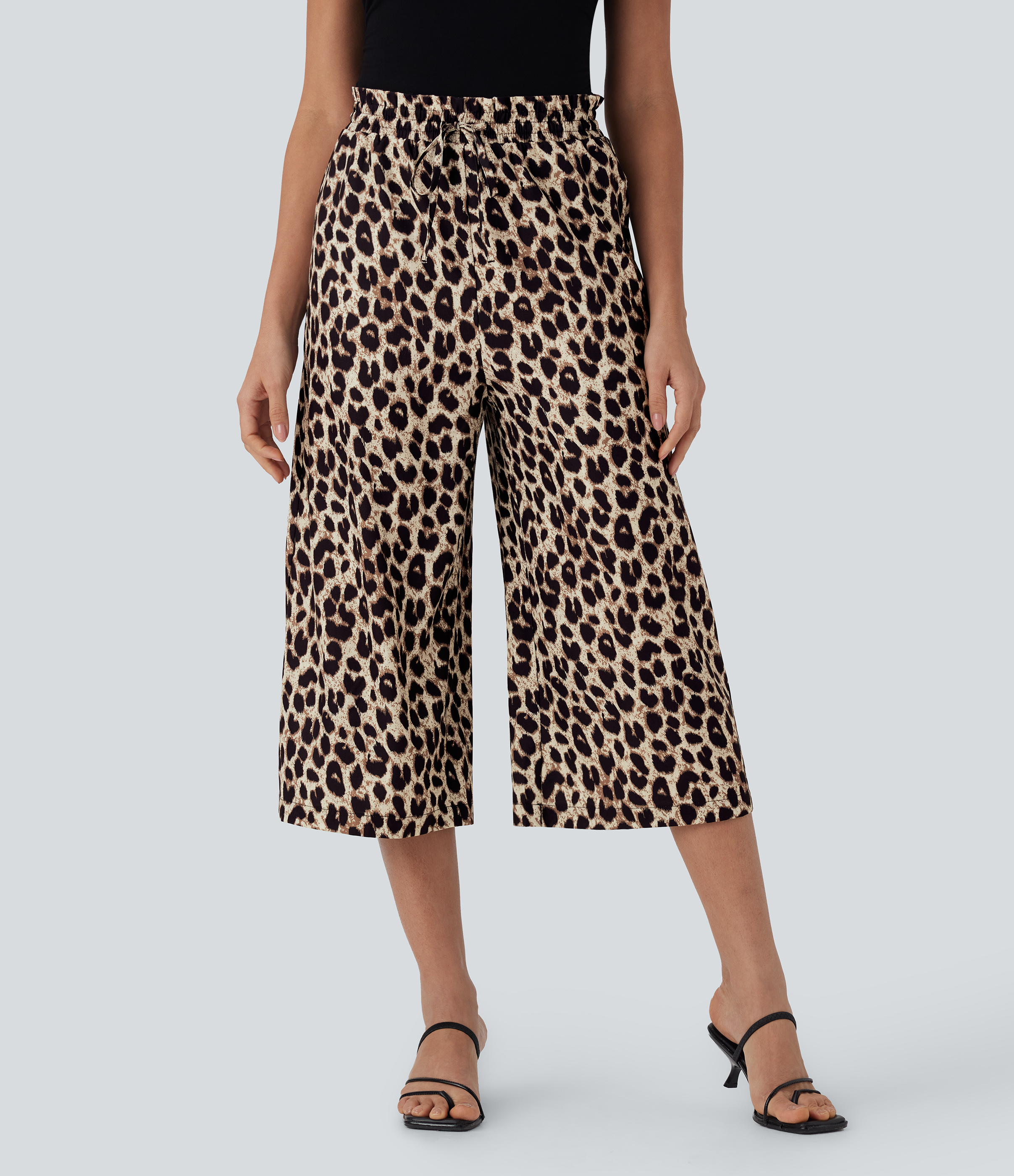 Women’s High Waisted Drawstring Leopard Print Wide Leg Capri Casual ...