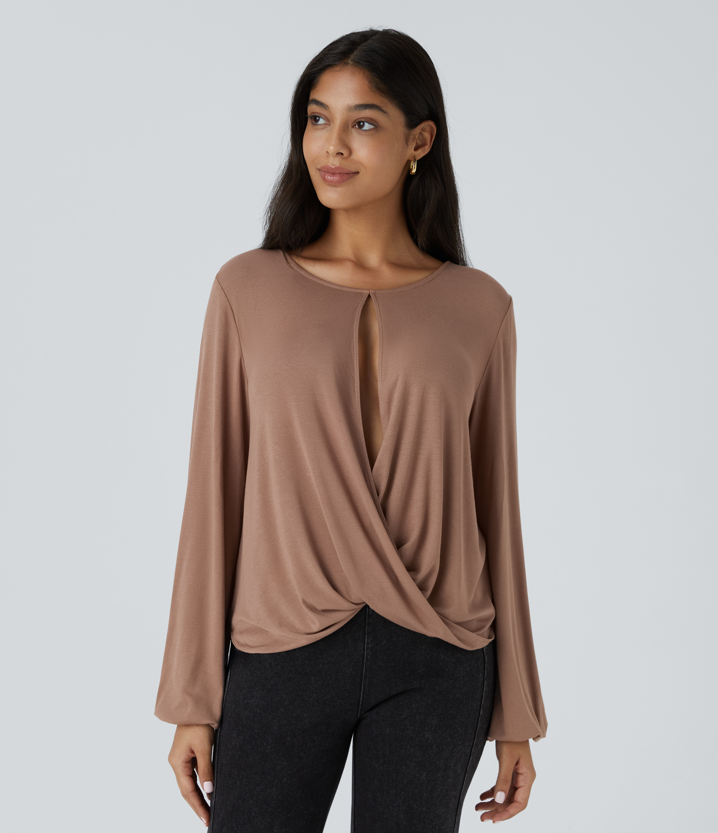 Women’s Ribbed Boat Neck Crossover Button Cut Out Long Sleeve Casual ...