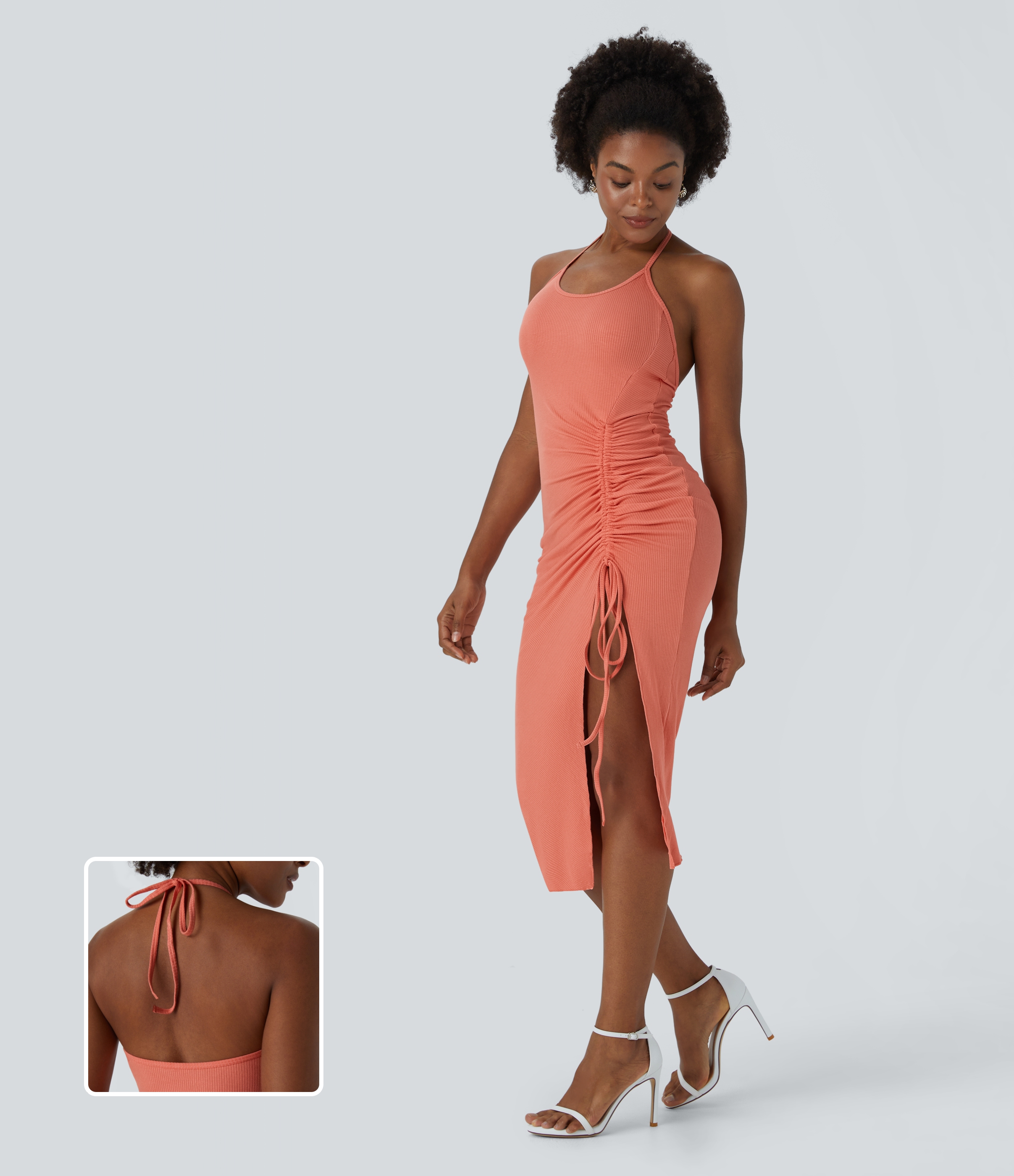 Women’s Ribbed Knit Halter Tie Back Backless Ruched Drawstring Split ...