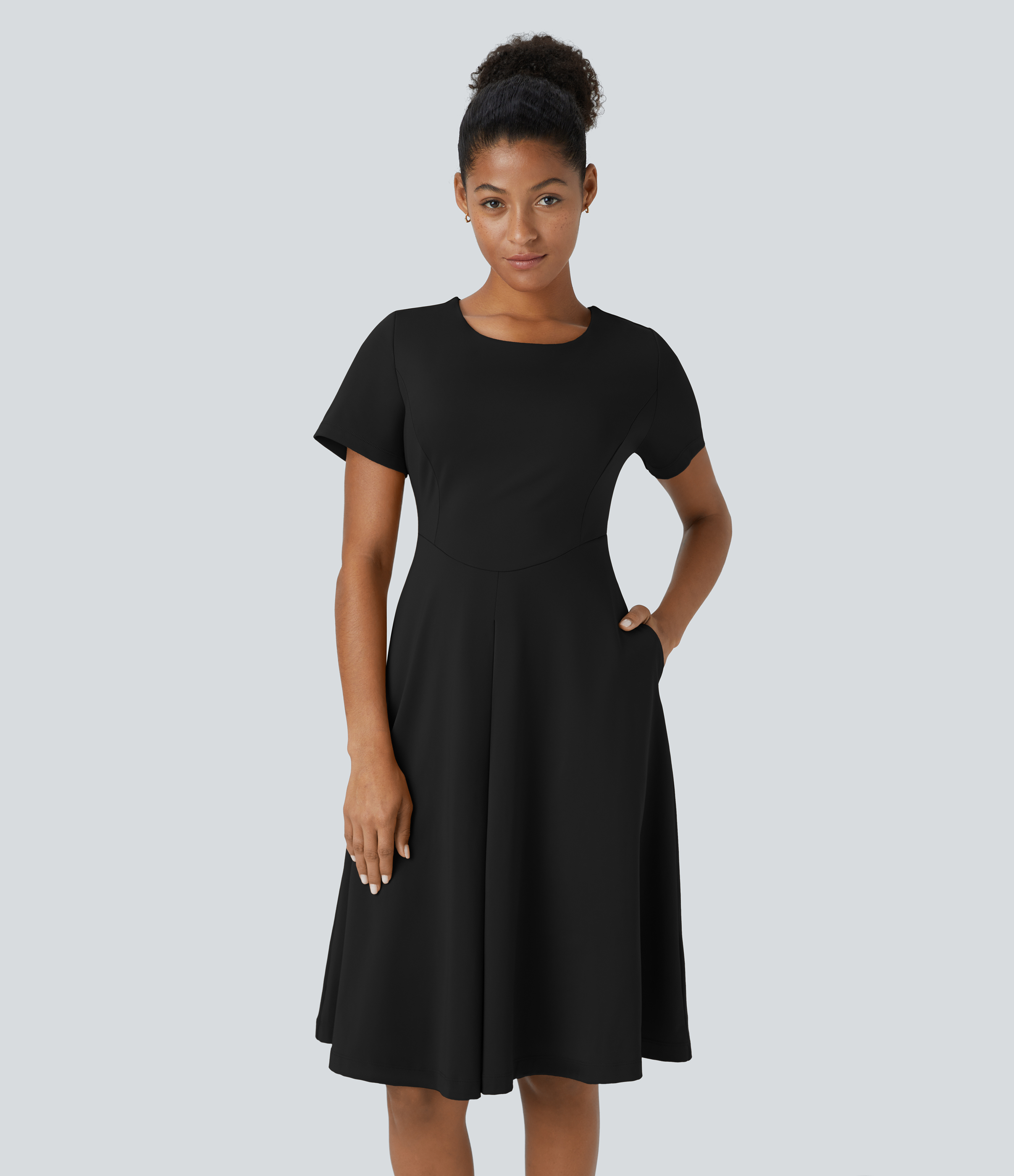 Women’s DayStretch Round Neck Pocket Corset Flare Midi Work Dress - Halara