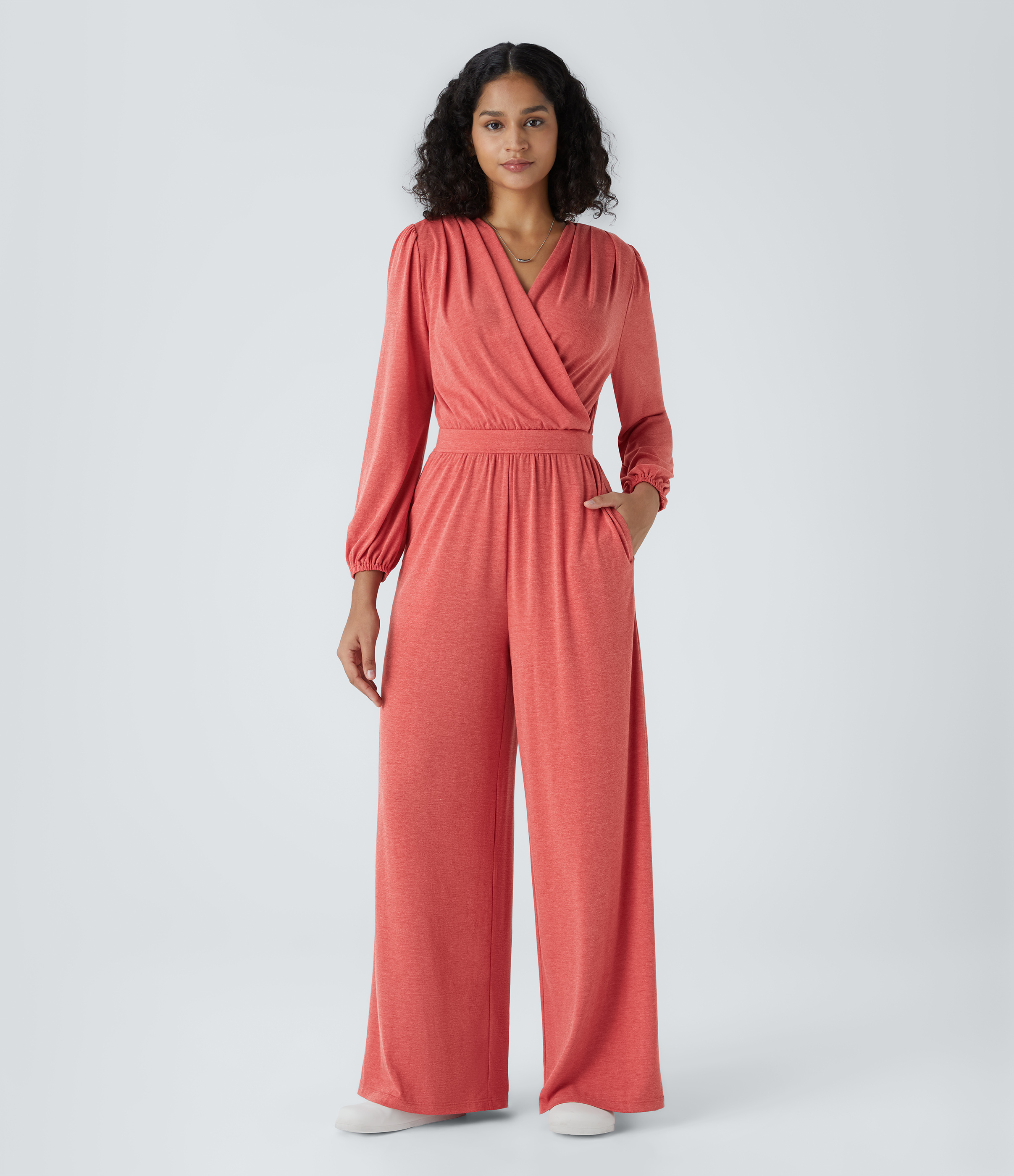 Women’s V Neck Crossover Long Sleeve Pocket Wide Leg Casual Jumpsuit ...