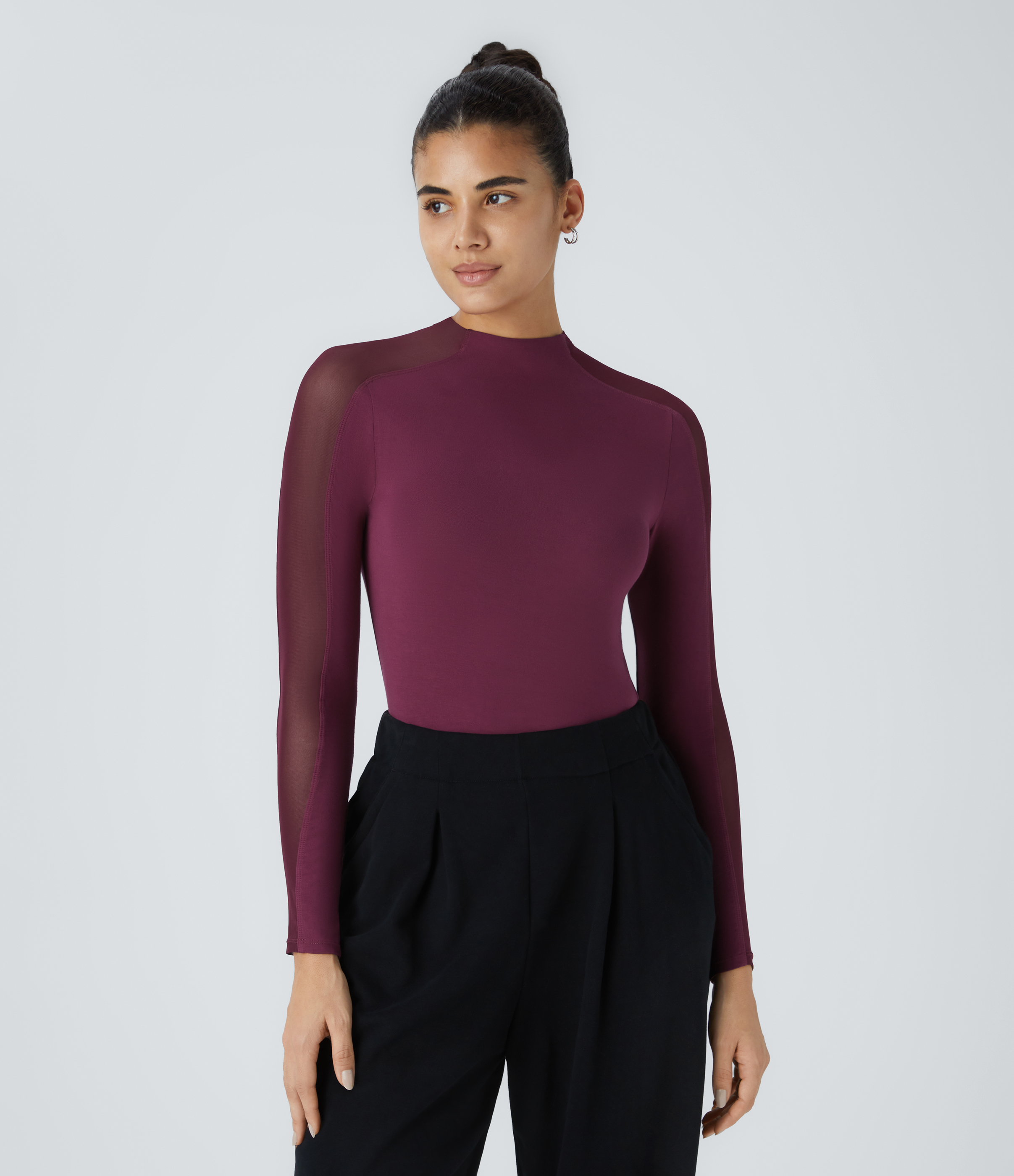 Women’s Stand Collar Raglan Long Sleeve Contrast Mesh Skinny Work Top ...