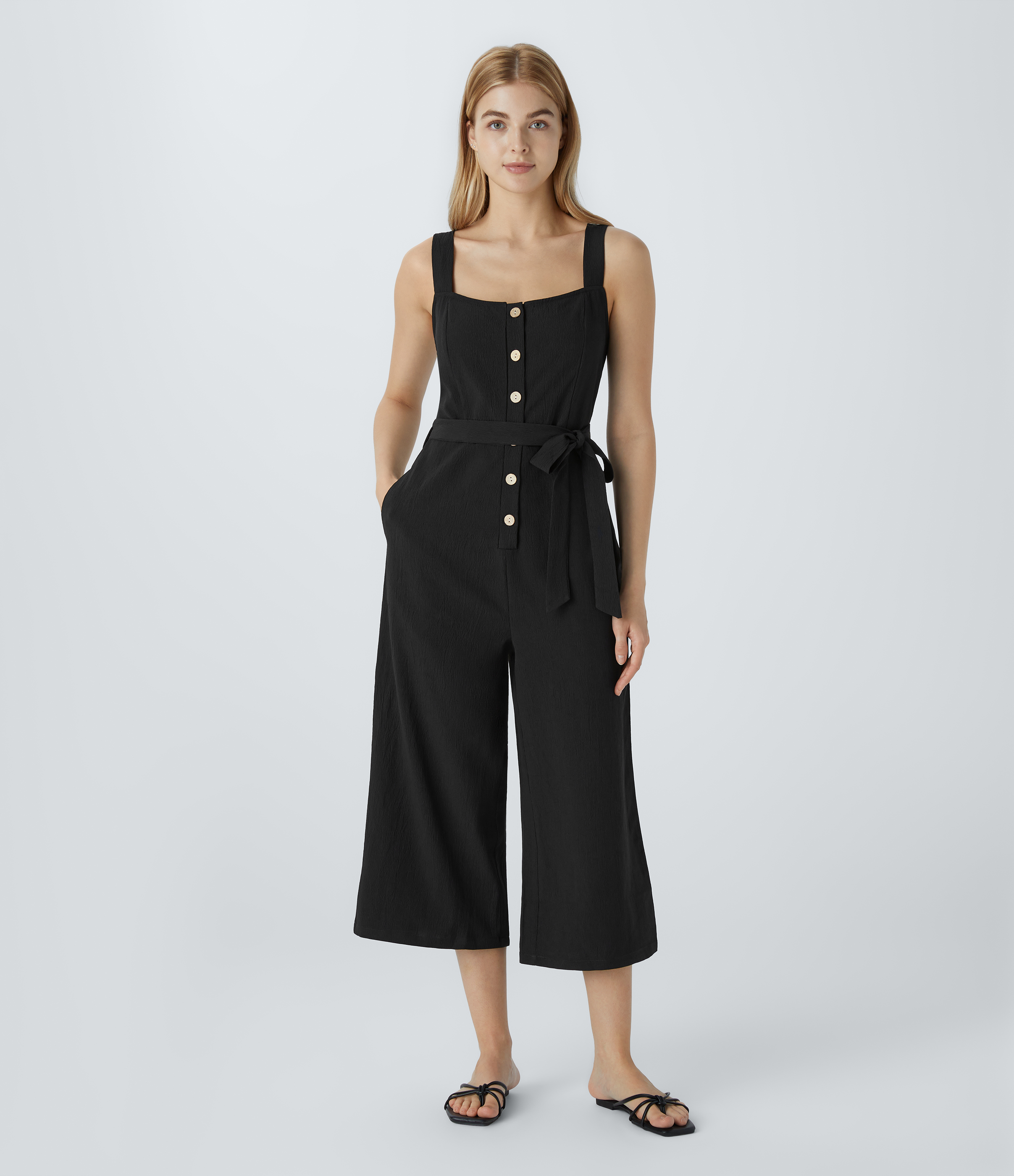 Women’s Square Neck Belted Pocket Capri Casual Jumpsuit - Halara