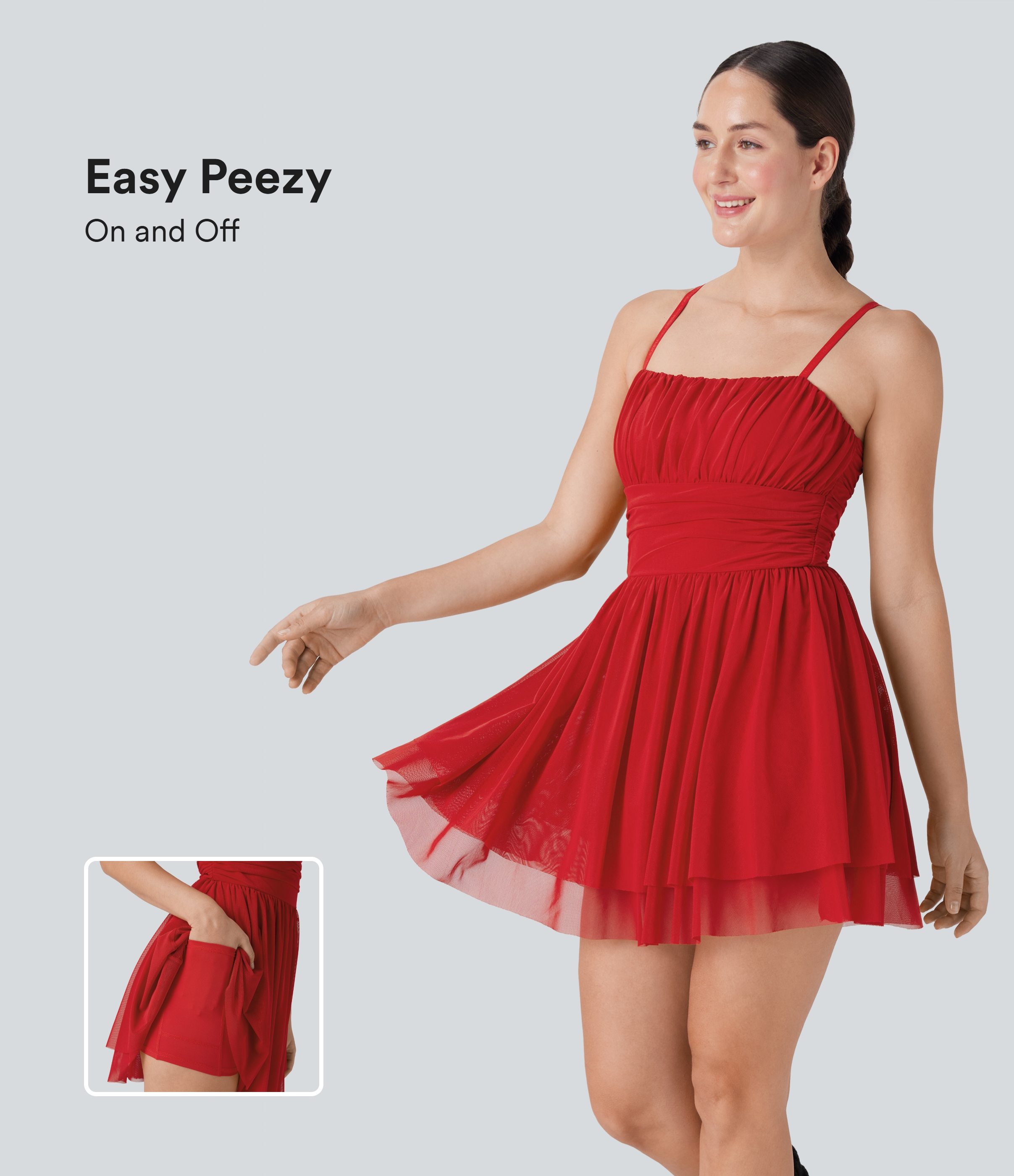 Women’s Ruched Tiered Mesh Overlay 2-in-1 Mini Dance Slip Active Dress with Pocket-Easy Peezy ...