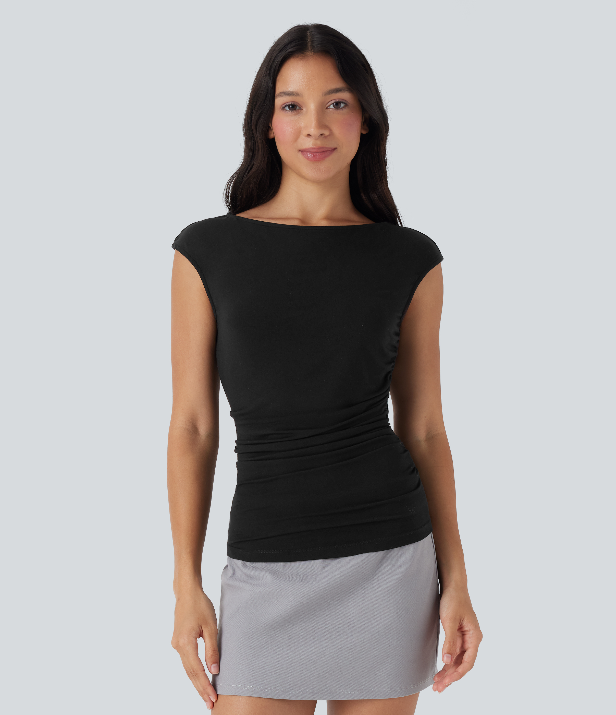Women’s Boat Neck Cap Sleeve Ruched Casual Top - Halara