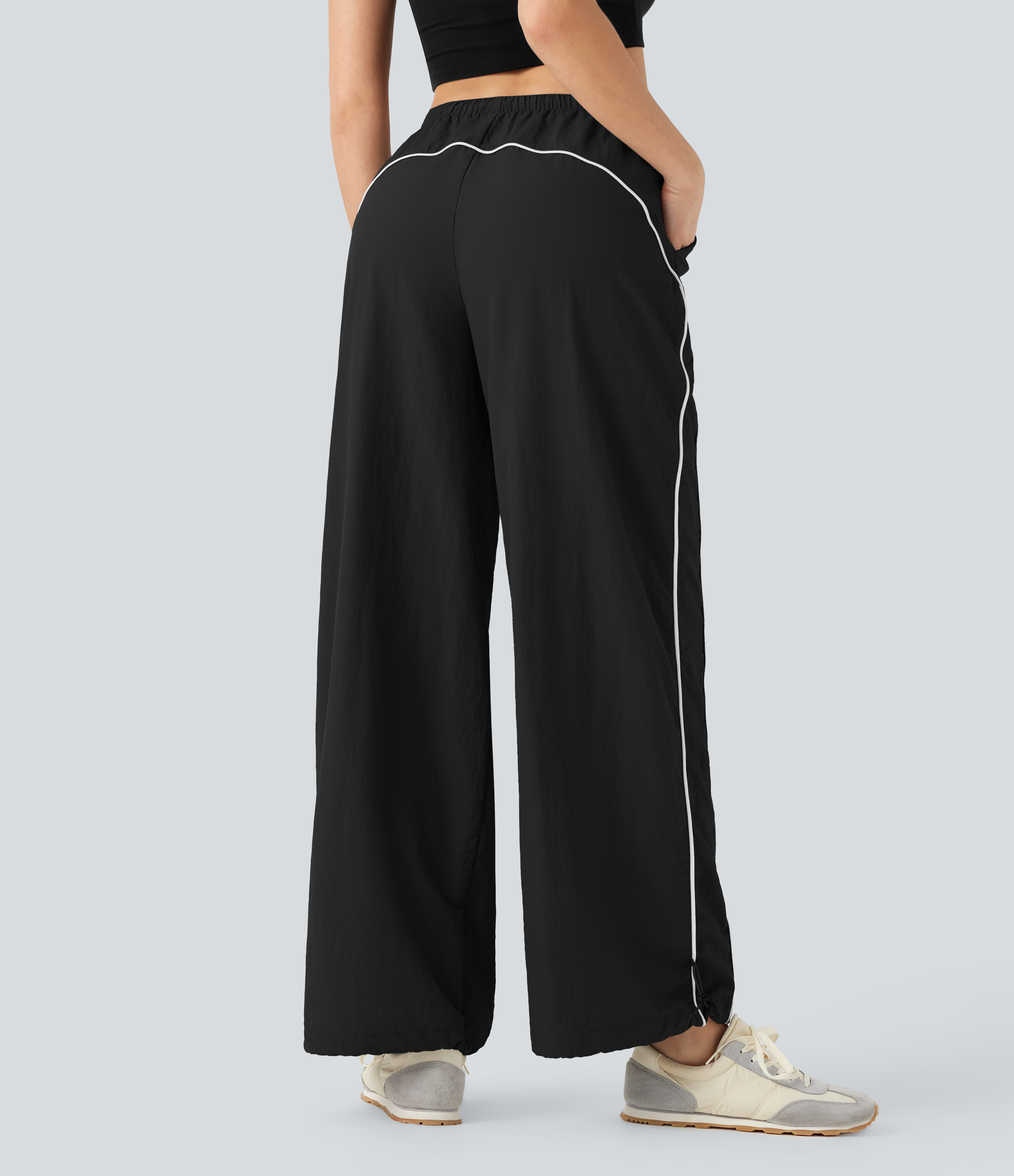 Women’s Mid Rise Adjustable Drawcord Wide Leg Casual Trousers with Side ...