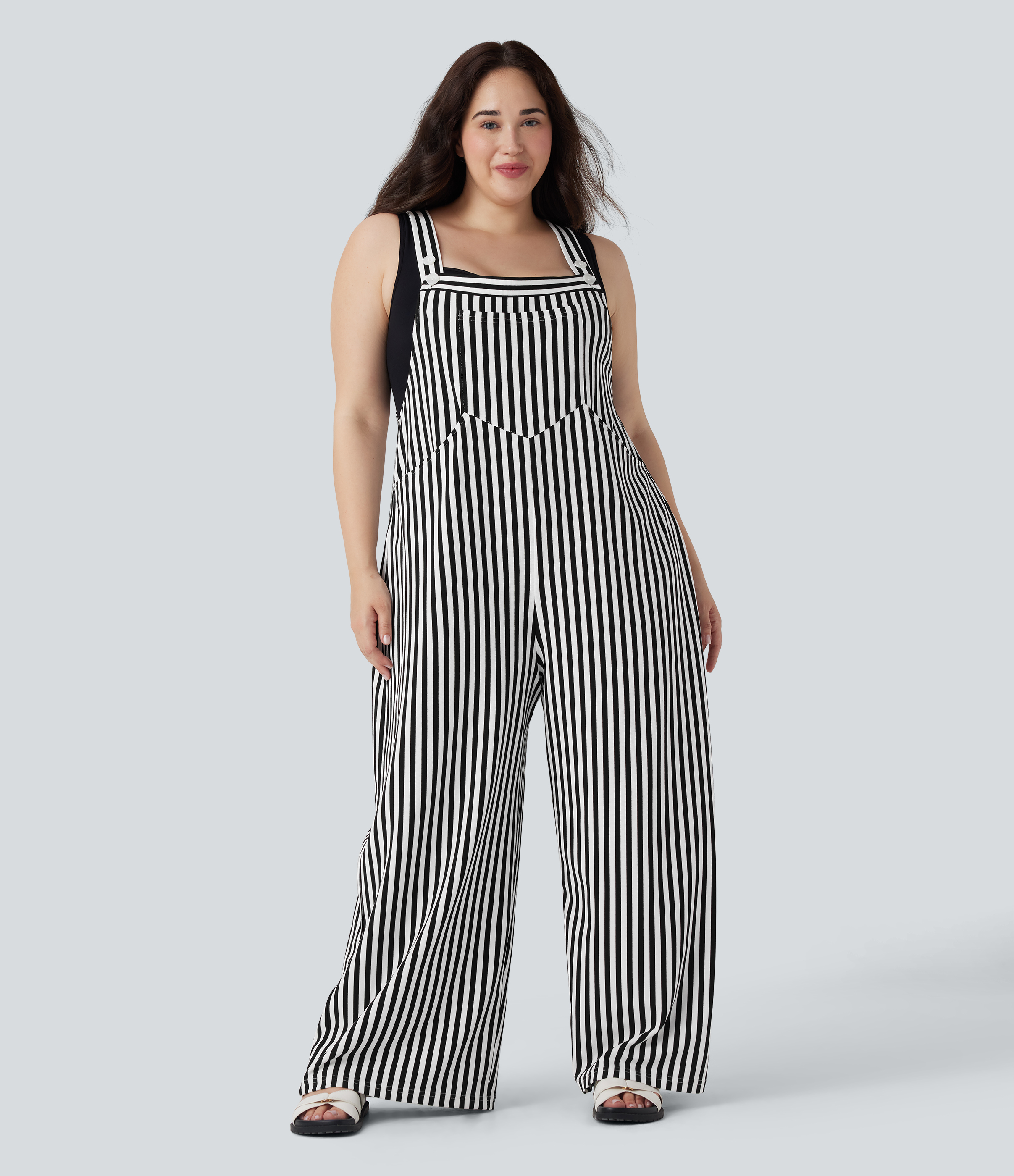 Women’s Plus Size Stripe Waffle Overalls with Pockets - Halara
