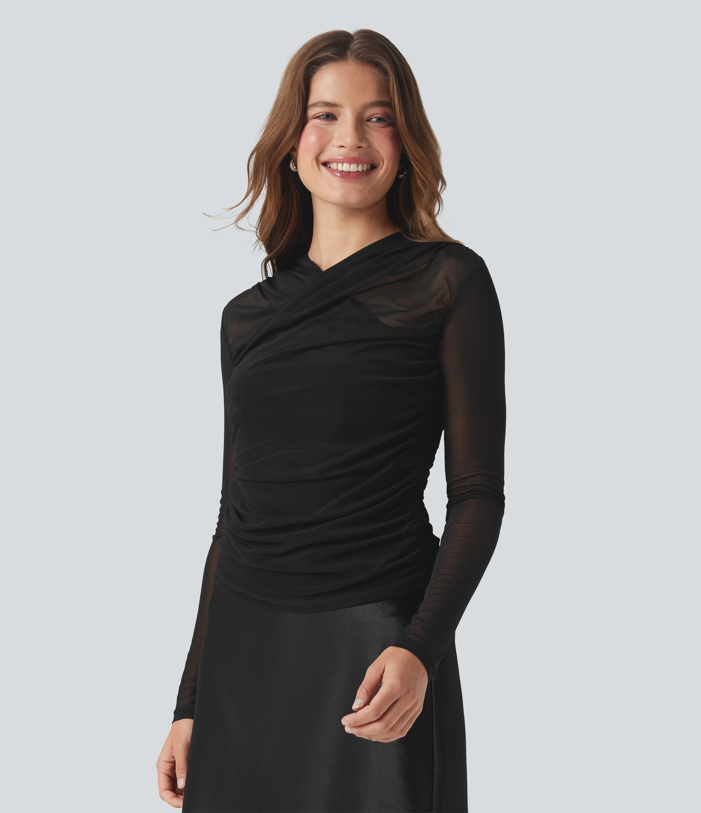 Women’s Sheer Mesh Crossover V Neck Ruched Casual Top - Halara