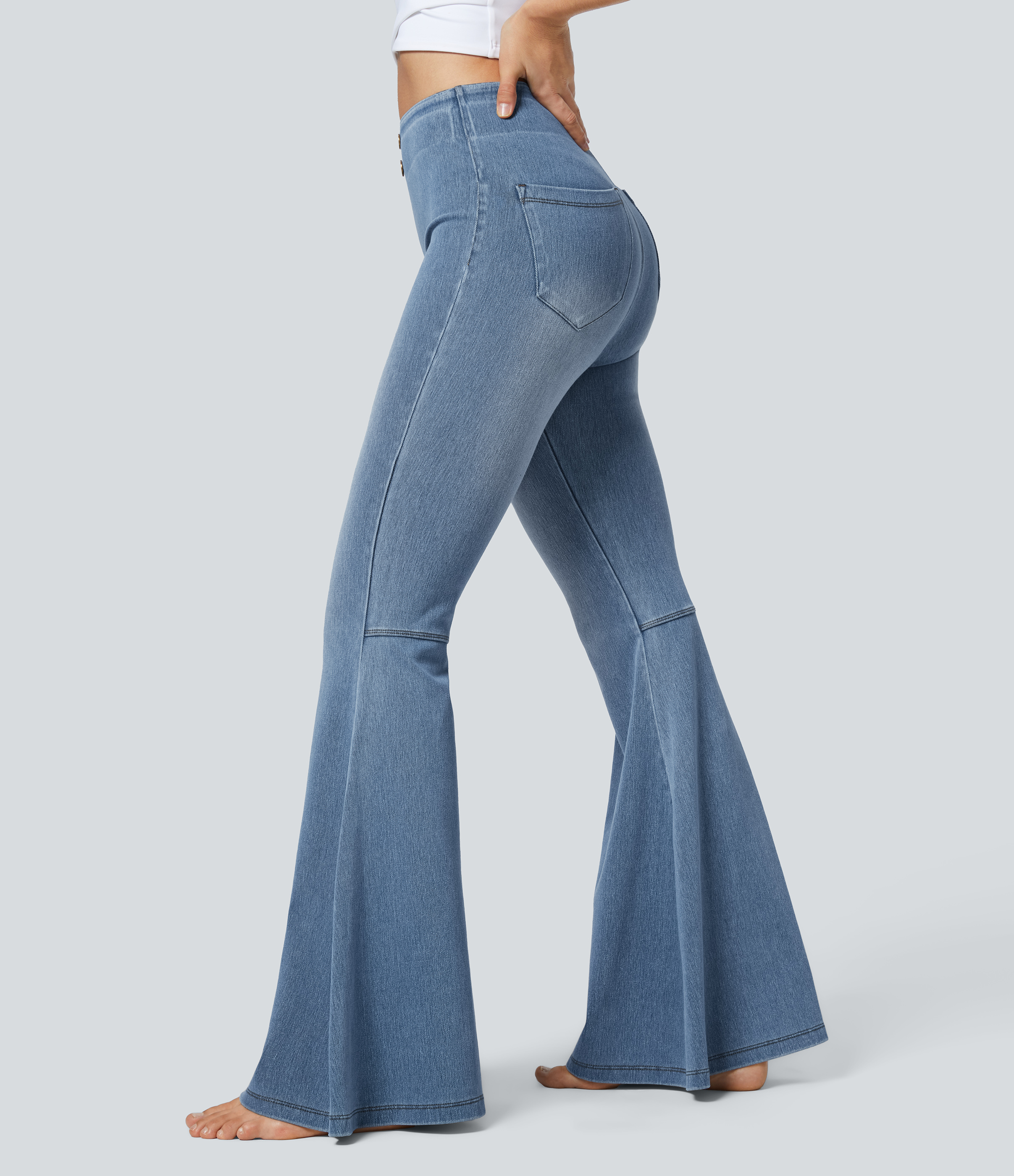 Women’s Halara Flex™ High Waisted Button Back Pocket Stretchy Knit Casual Flare Jeans - Halara