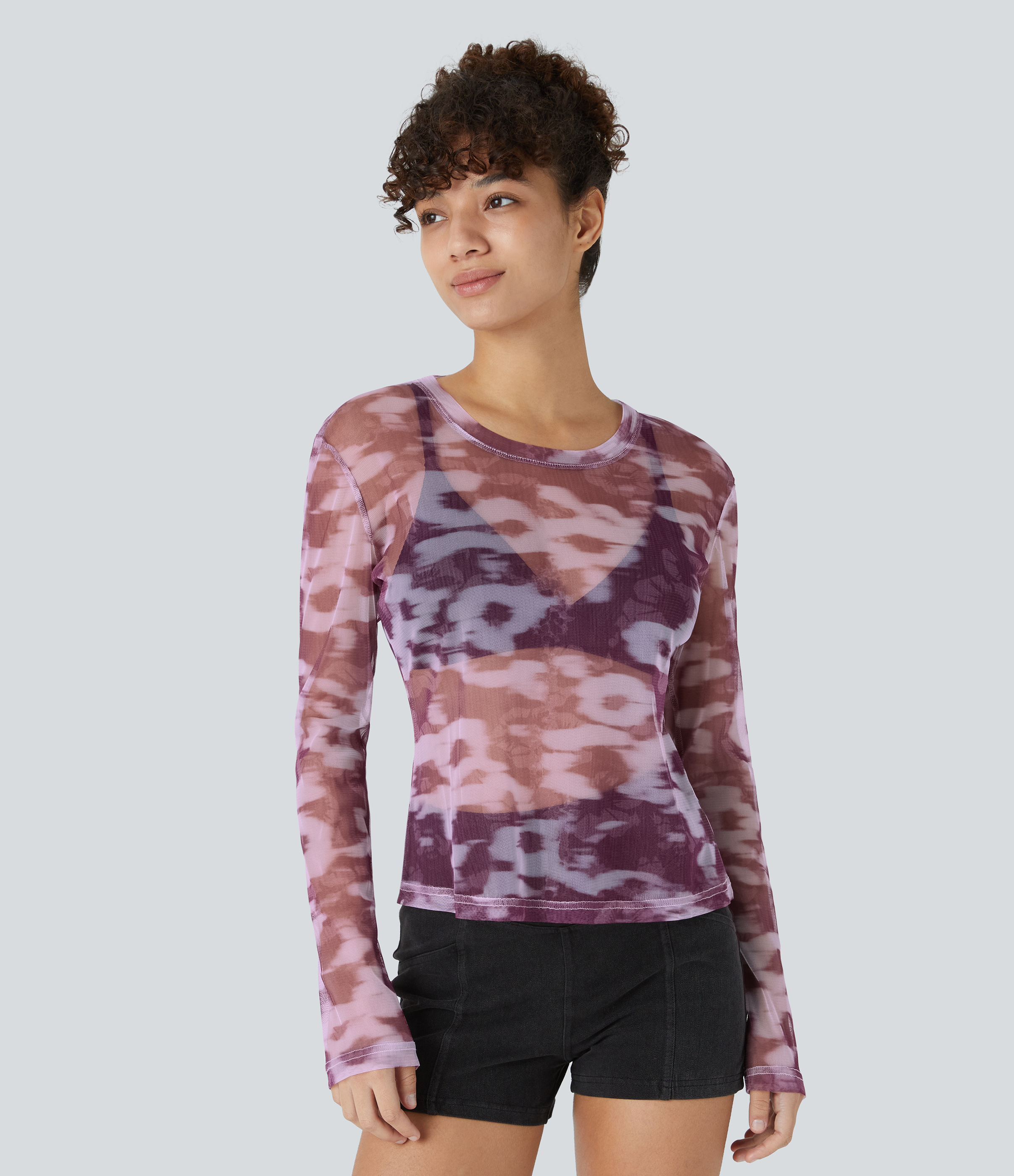 Women’s Round Neck Long Sleeve Floral Print Slim Sheer Mesh Casual Top ...