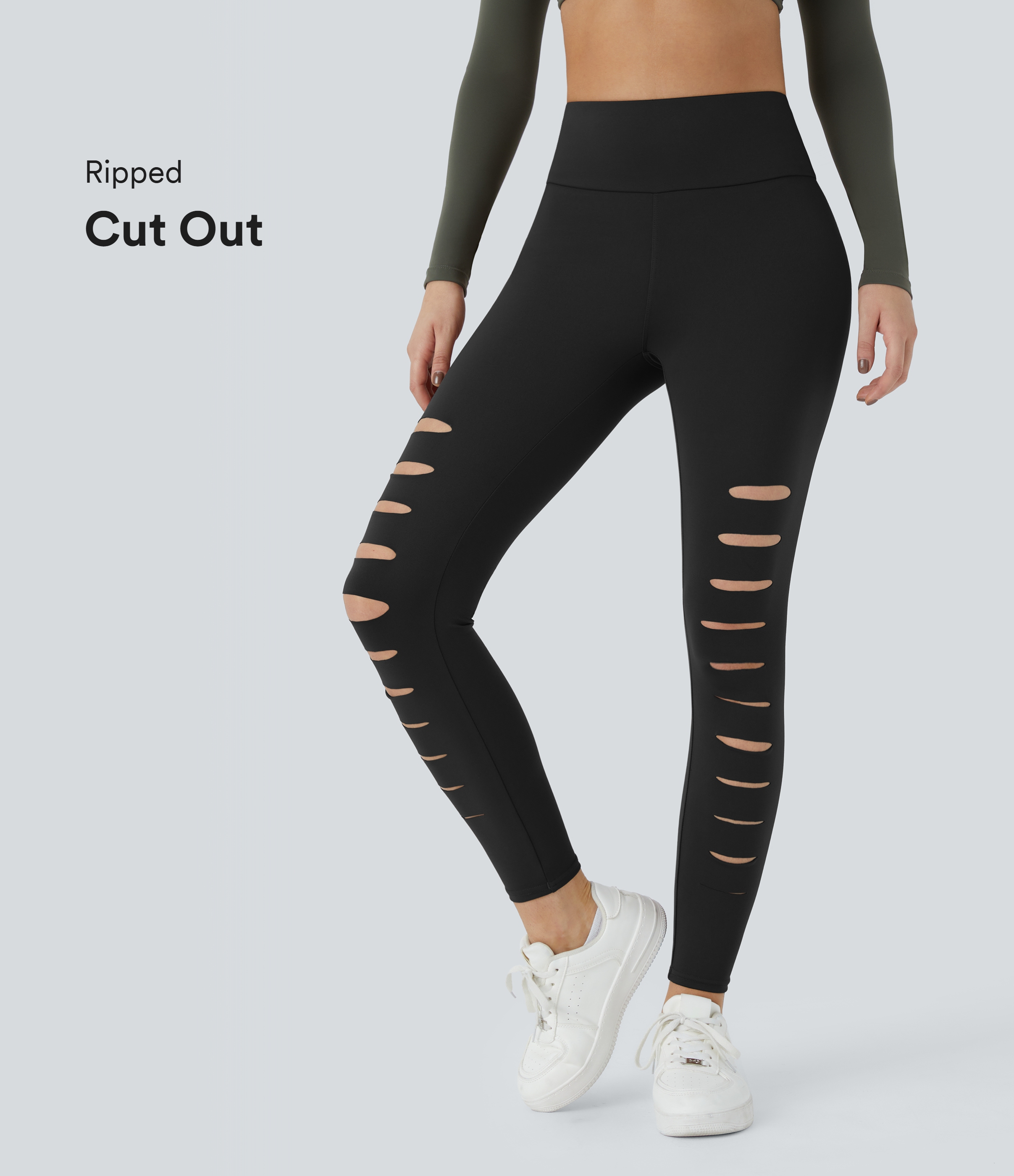 Women’s High Waisted Ripped Solid Casual Leggings - Halara