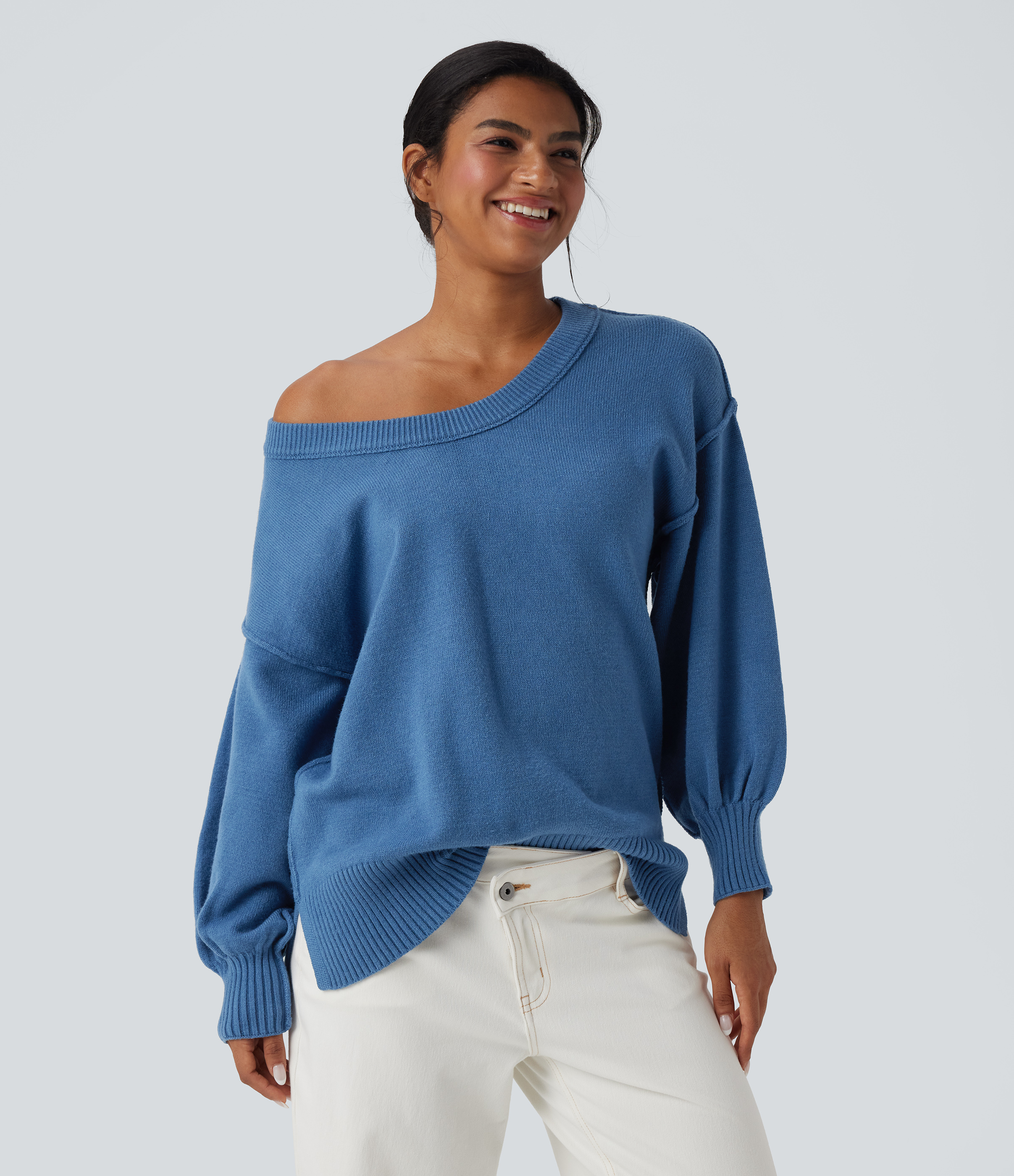 Women’s V Neck Dropped Shoulder Long Sleeve Split Casual Sweater - Halara