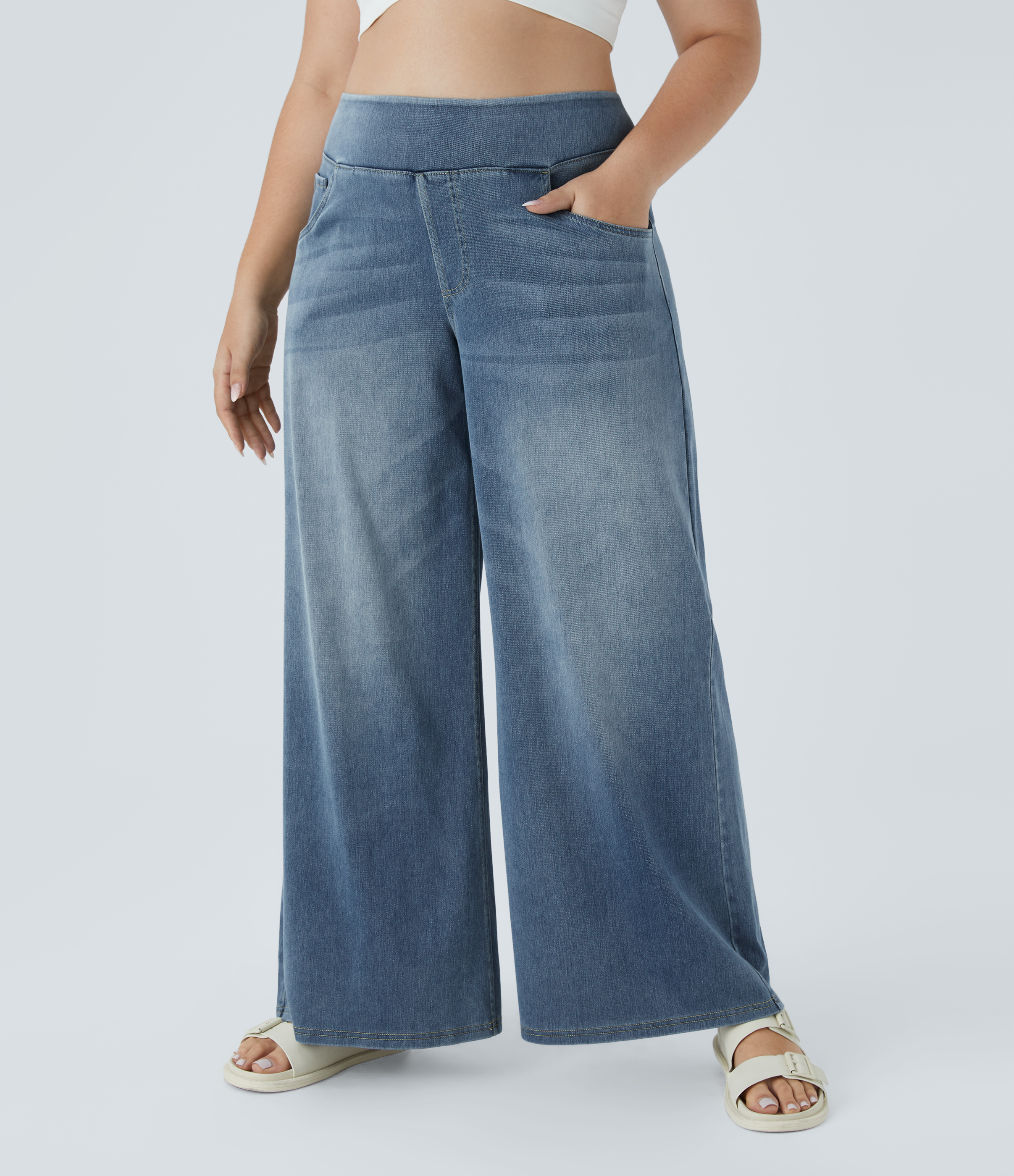 Women’s Halara Flex™ High Waisted Pockets Baggy Wide Leg Washed Casual Plus Size Jeans - Halara
