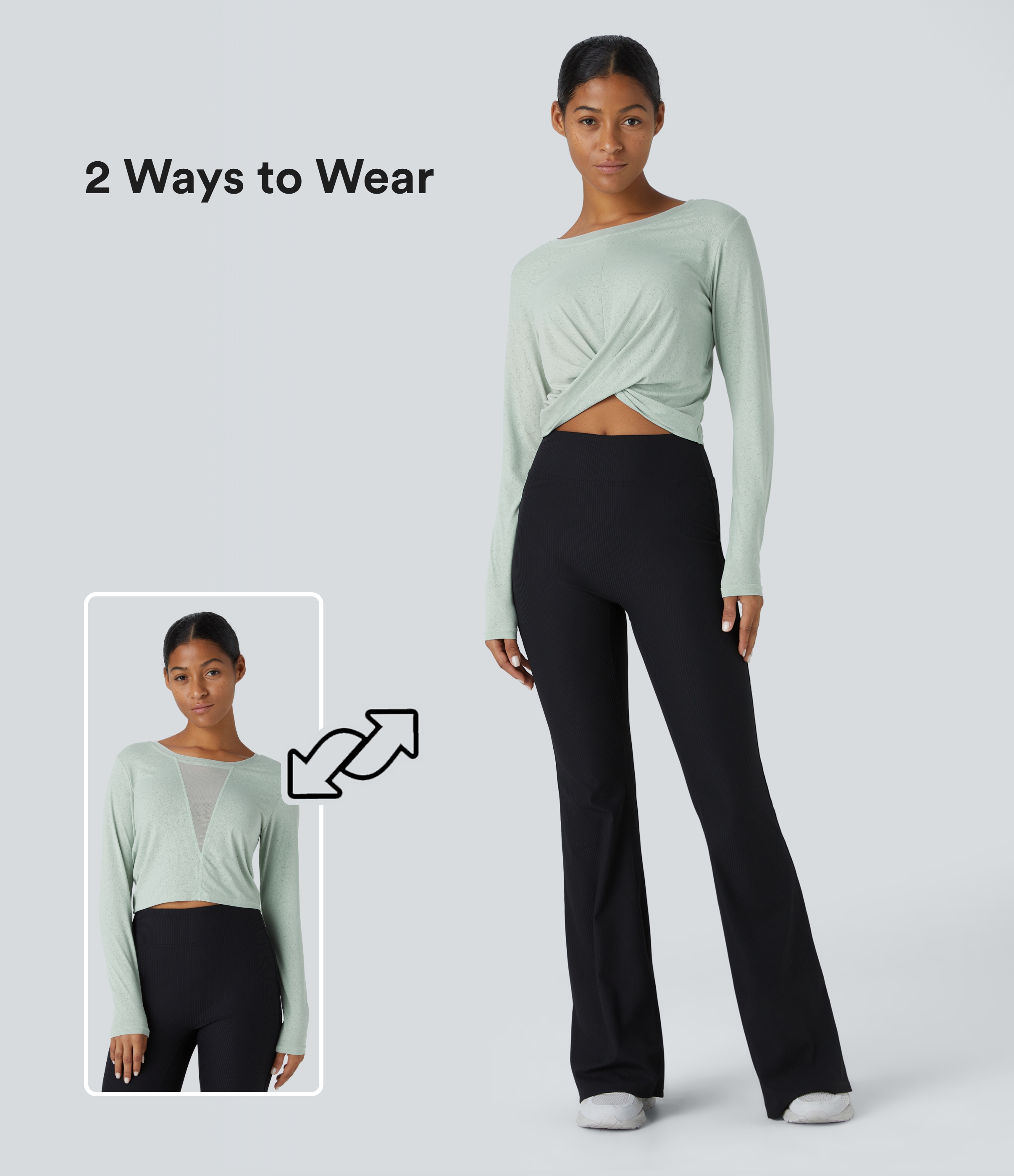 Women’s Round Neck Long Sleeve Contrast Mesh Crossover Hem Solid Yoga ...